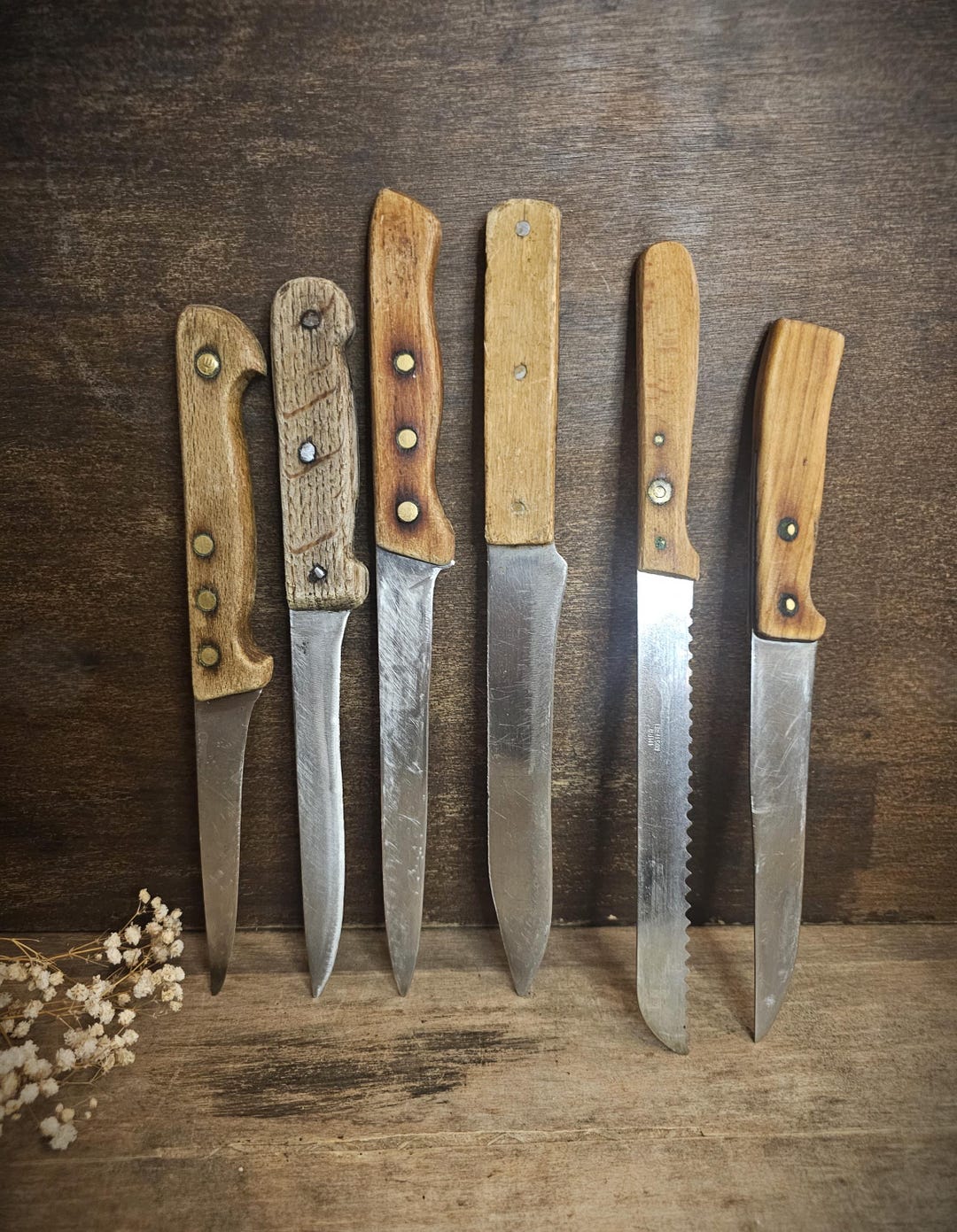 Vintage Kitchen Knives Rustic Kitchen Knives Wooden Handle Set of 6 - Etsy