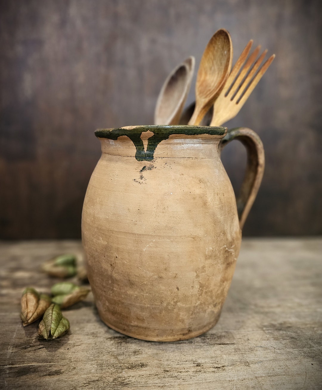 Antique Jam Jar With Handle, Brown Clay Vessel Vase Pot Rustic Planter ...