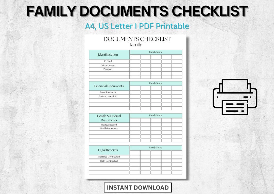 Family Documents Checklist Printable | Home Binder Organizer ...