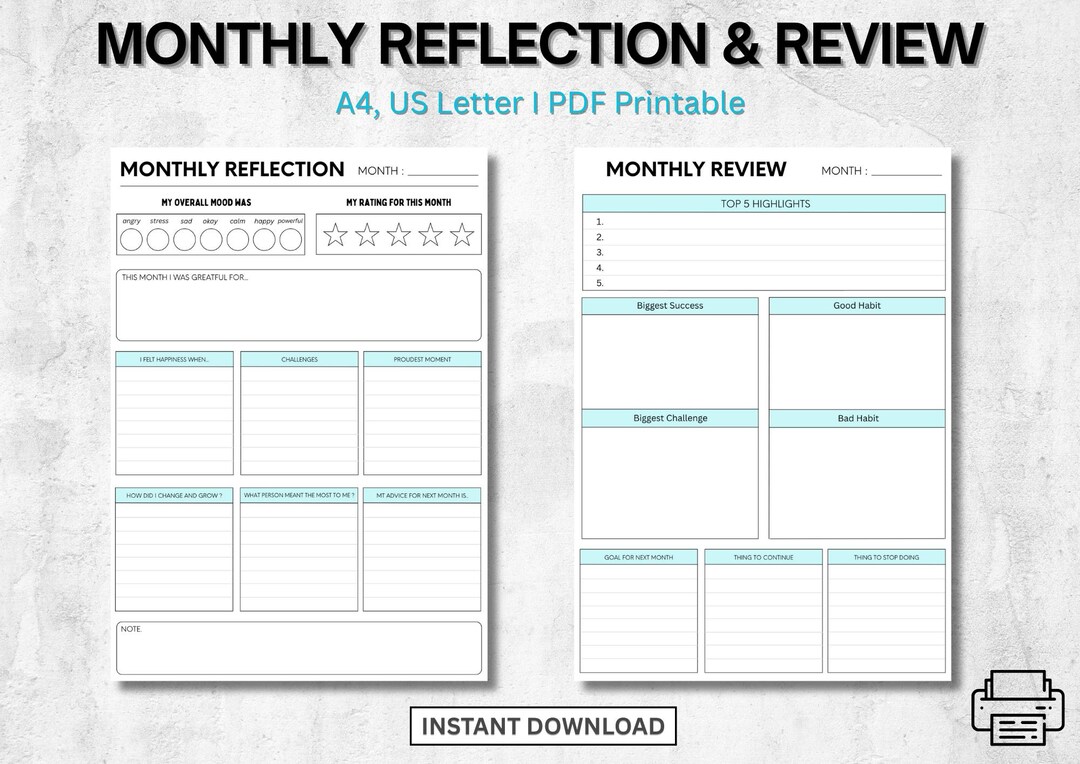 Monthly Reflection Review Printable, Self-care Journal (PDF Download ...