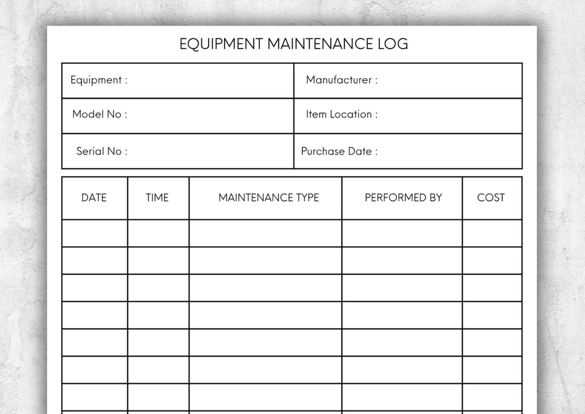 Equipment Maintenance Log | Fillable PDF Template (A4 & US Letter) - Etsy