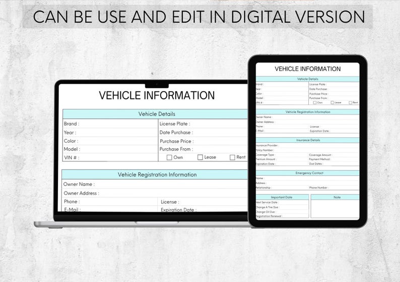 Vehicle Information Printable, Car Information Sheet PDF, Vehicle ...
