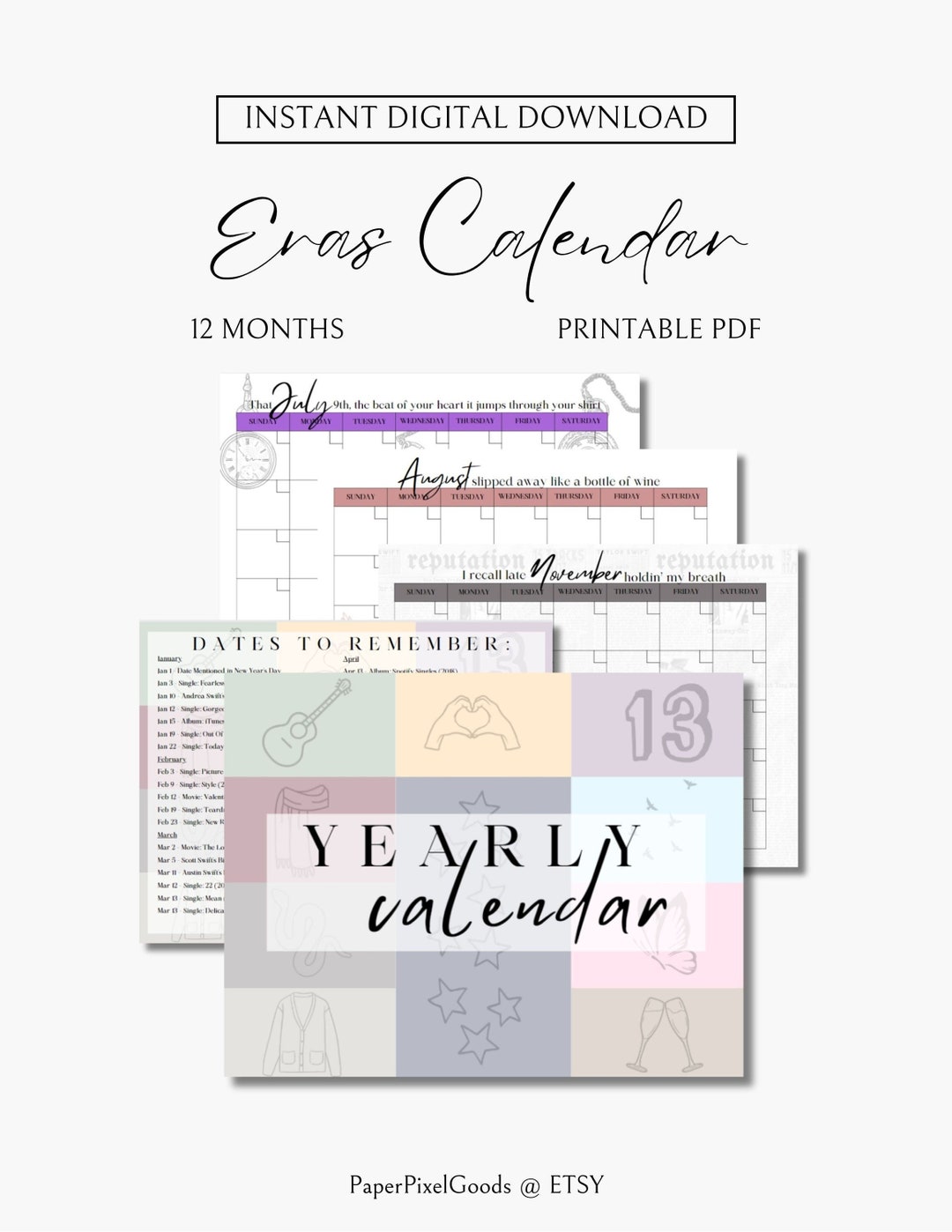 Eras Yearly Calendar, Printable Calendar, Calendar Template, Swiftie ...