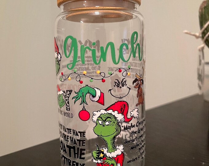 16oz Grinch Glass Cup With Bamboo Lid and Straw - Etsy