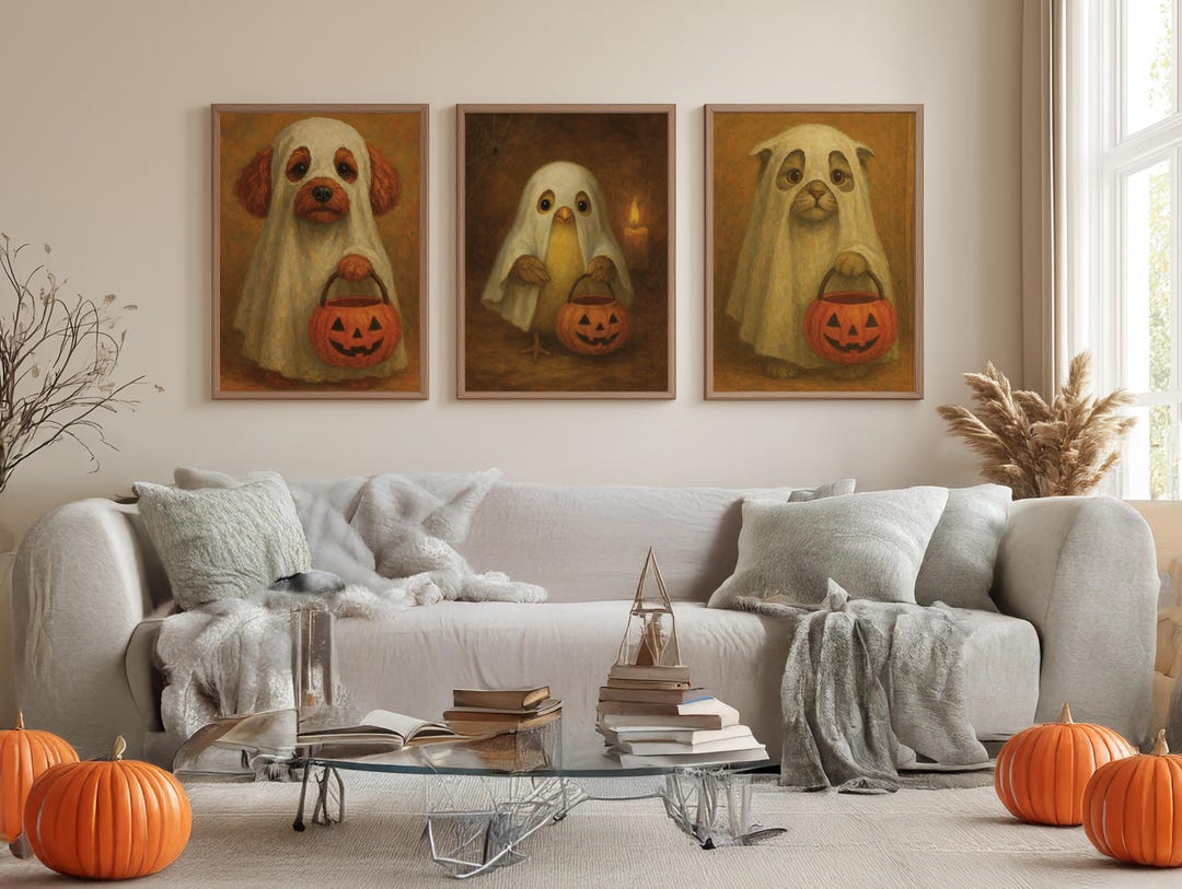 Ghost Costumed Animals Poster Set of 3 : Dog,cat, Bird,halloween Decor ...
