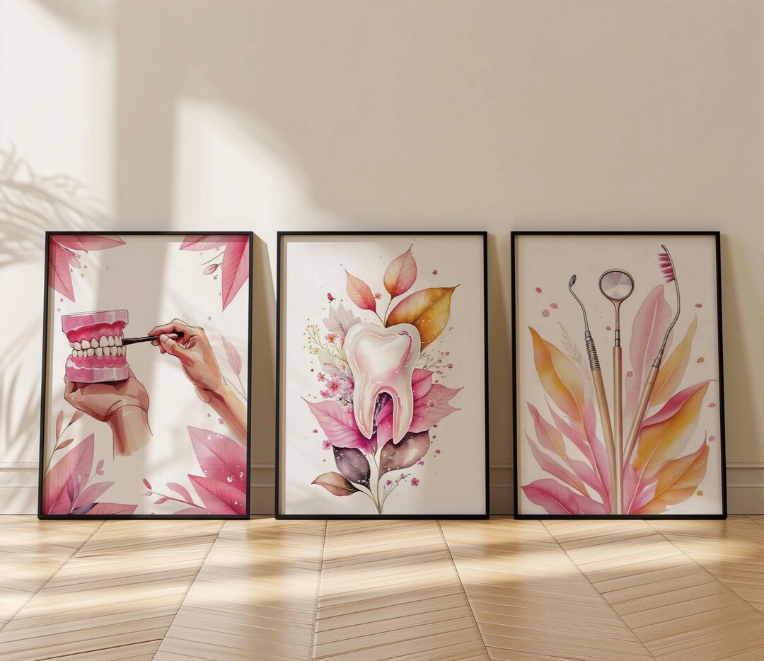 Dental Office Decor Set of 3: Pink Floral Tooth Art Prints (digital ...