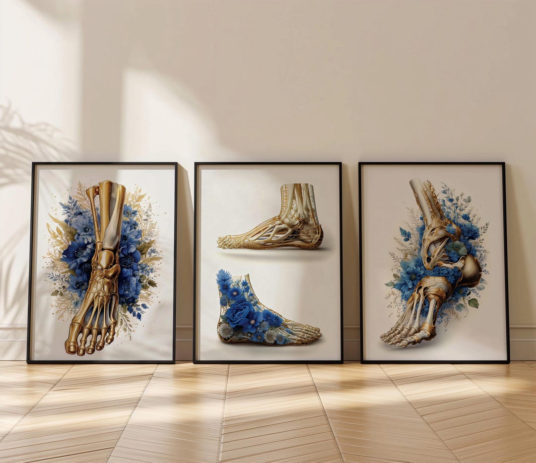 Foot Anatomy Art Print Set of 3: Gold, Blue Floral Podiatry Decor ...