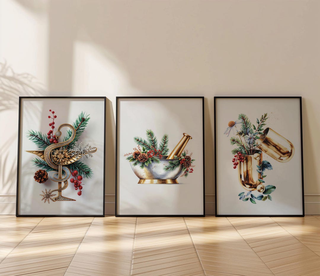 Winter Floral Pharmacy Wall Art Set of 3 : Caduceus,pestle,medicine ...