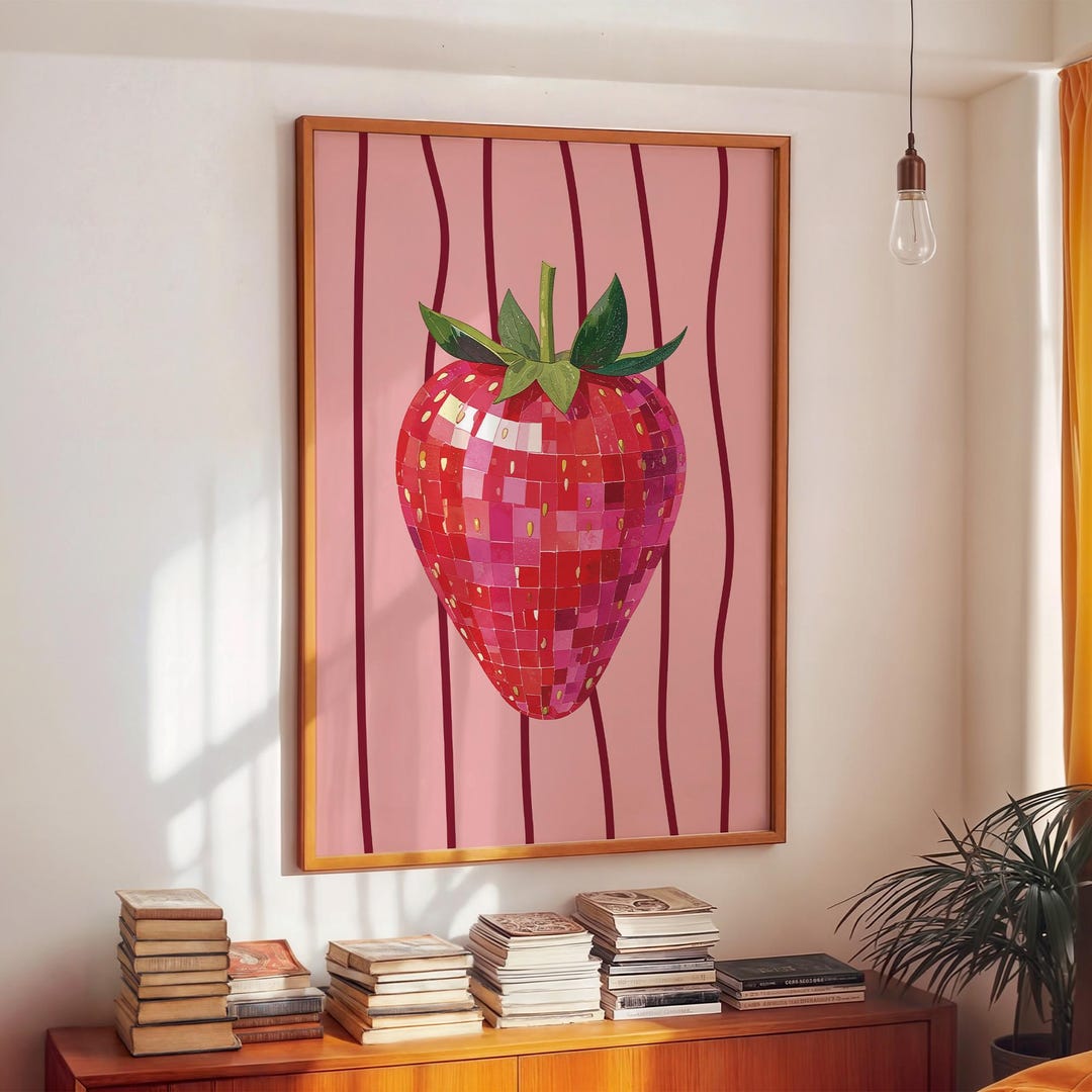 Disco Strawberry Decor,girly Kitchen Decor,pink Red Stripe,disco Fruit ...