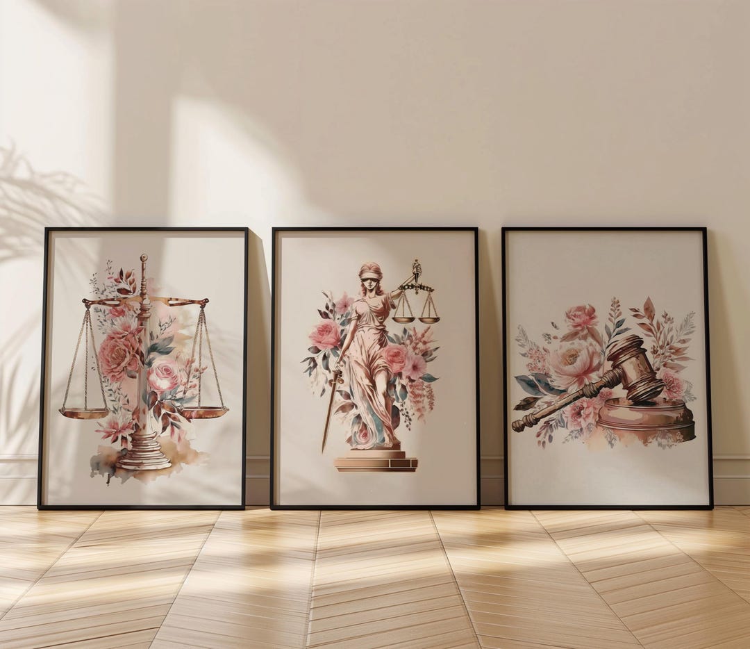 Pink Floral Lawyer Office Decor Set of 3 Prints : Lady Justice Art ...