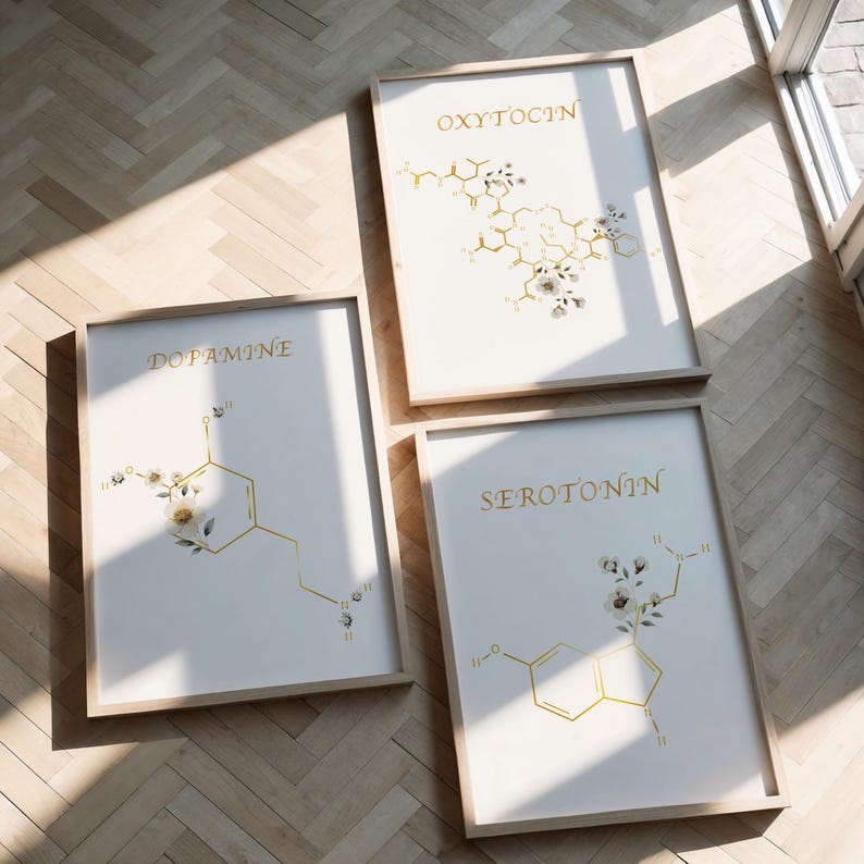 Serotonin,dopamine,oxytocin Poster Set of 3 : Golden Molecule Print ...