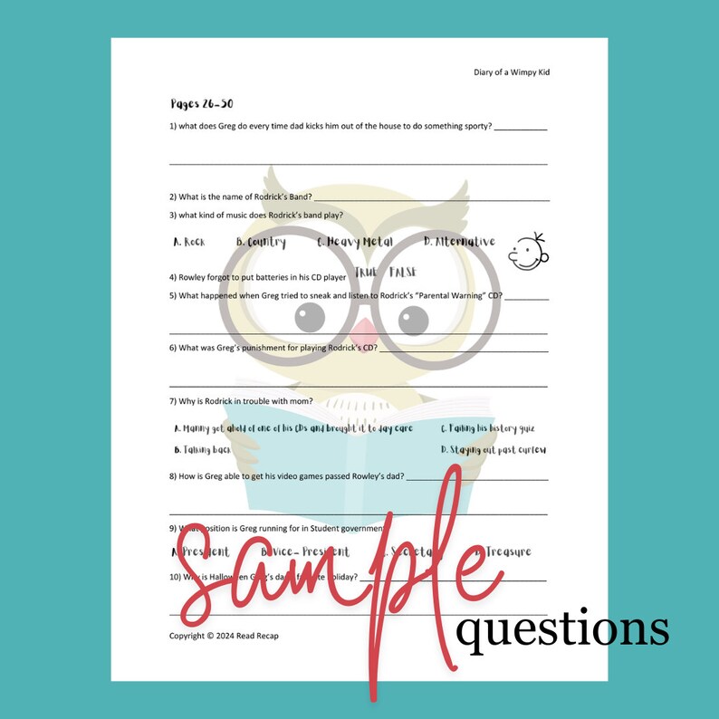 Diary of a Wimpy Kid Book 2 Rodrick Rules Worksheets - Etsy