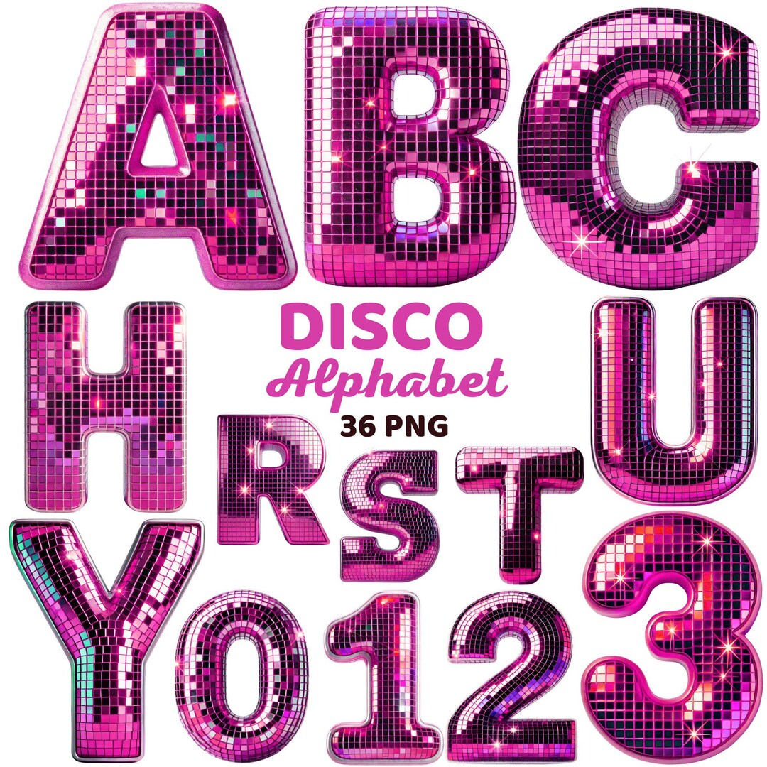 Retro Disco Alphabet Clipart, Pink Shiny Mirror Ball Letters & Numbers ...