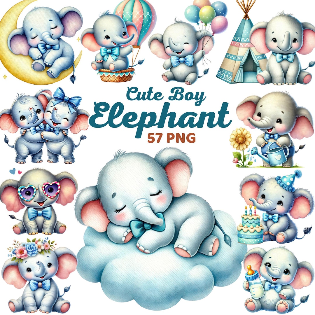 Cute Boy Elephant Clipart, Watercolor Blue Safari Jungle Baby Animal ...