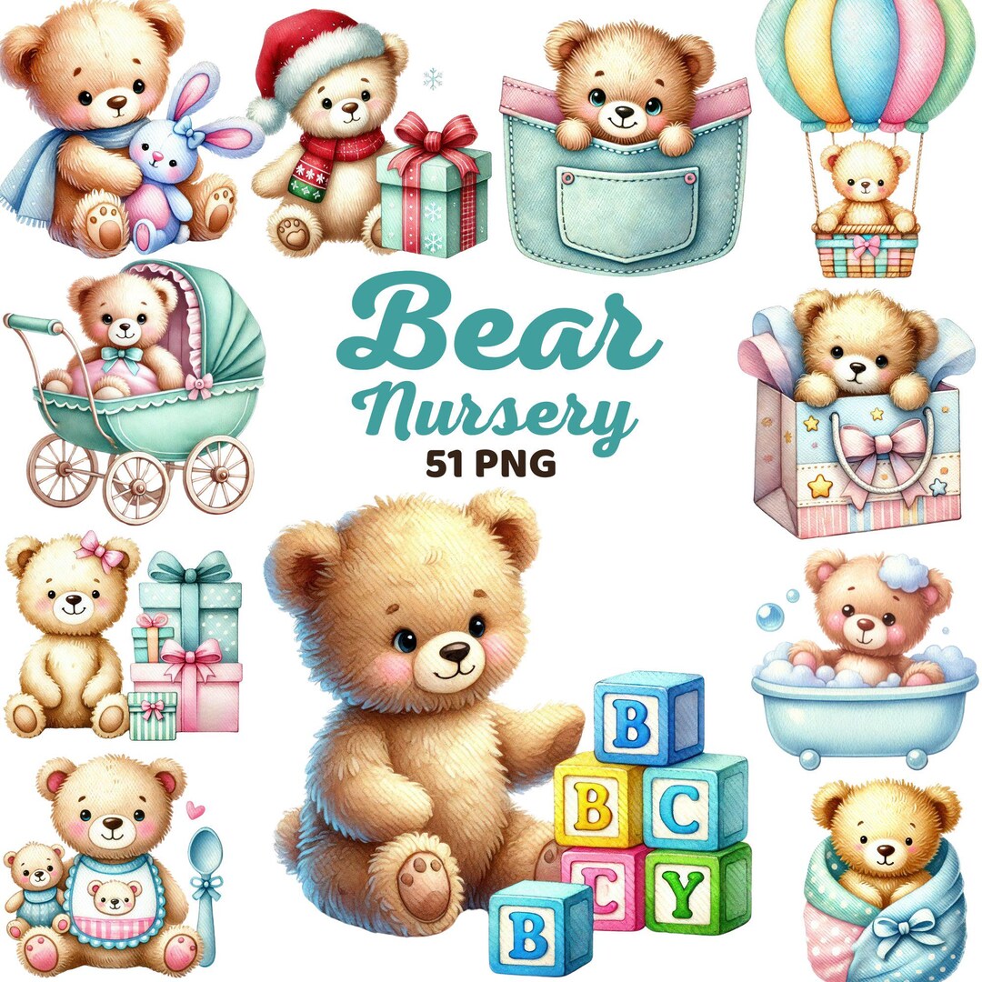 Bear Nursery Clipart, Watercolor Cute Baby Shower, Kids Boy Girl Room ...