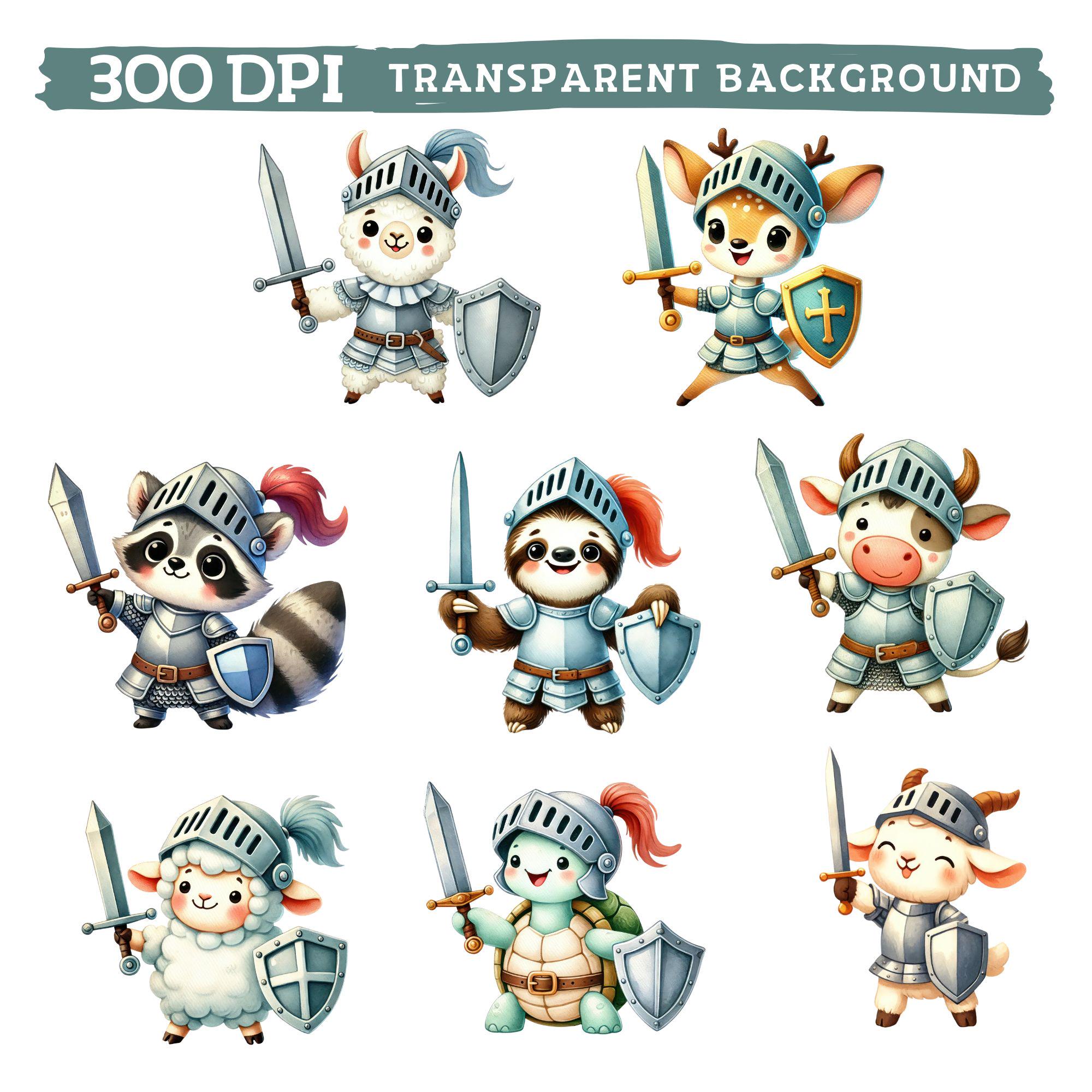 Knight Animals Clipart, Watercolor Cute Medieval Animal Nursery Decor ...