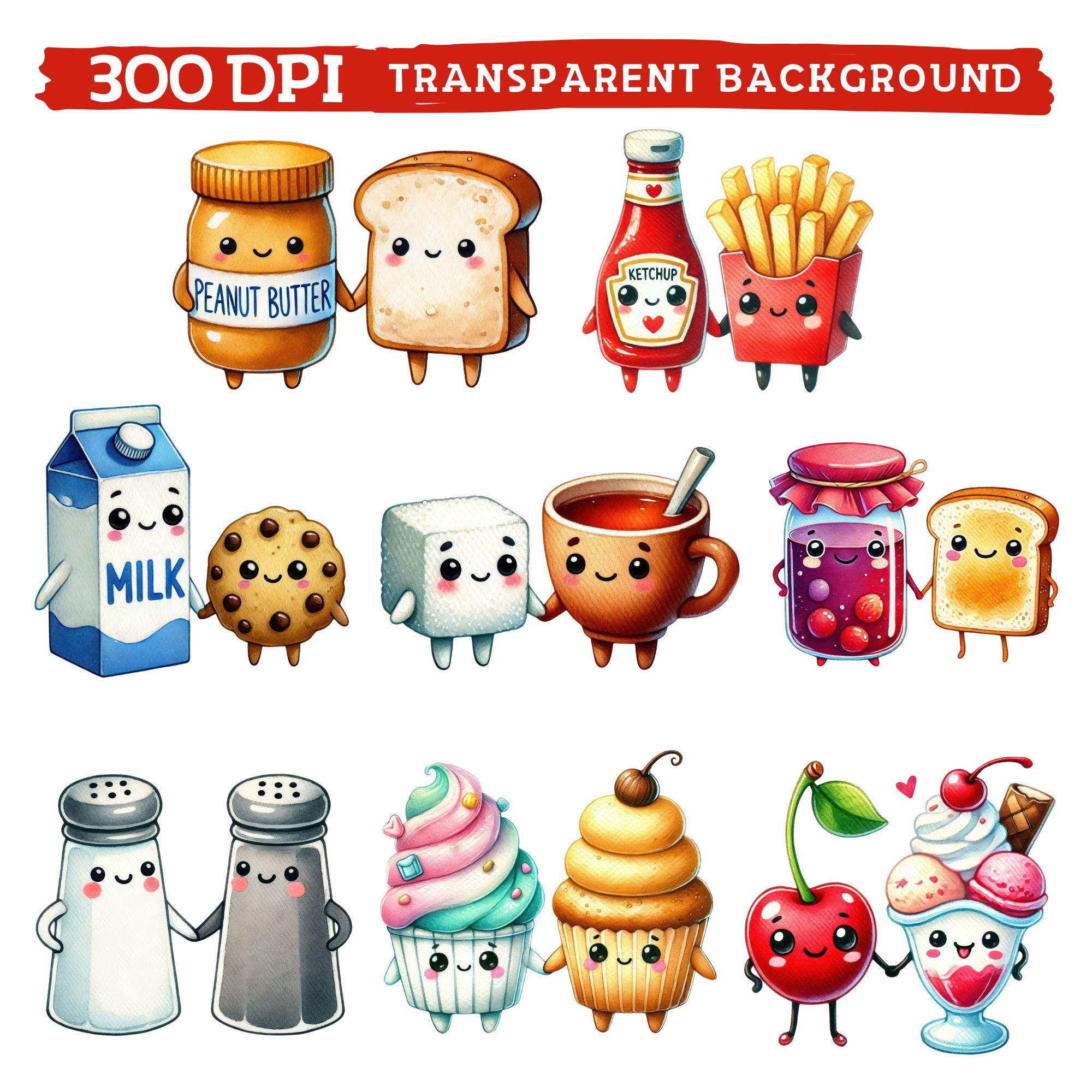 Matching Food Pairings Clipart, Watercolor Cute Perfect Pair Valentine ...