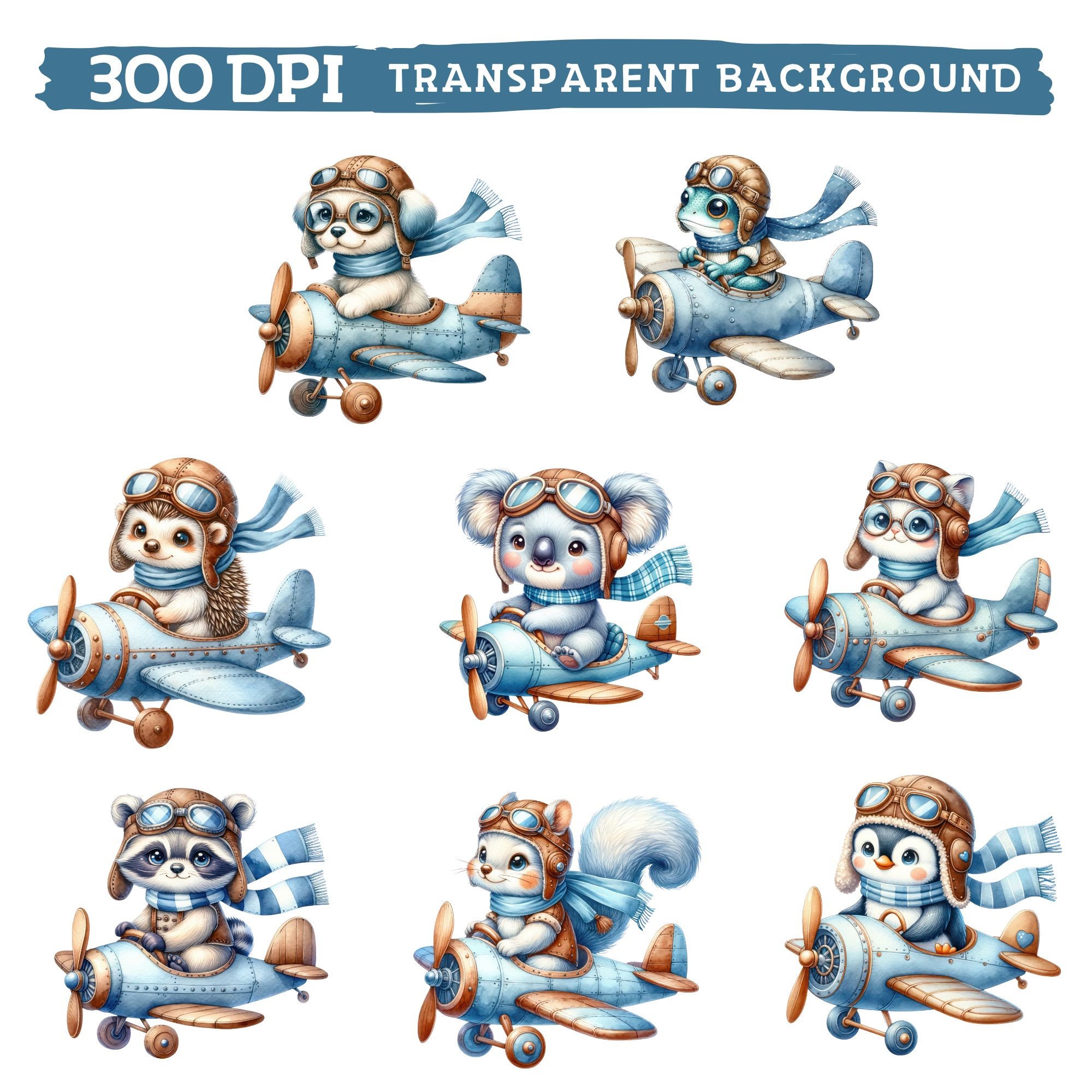 Watercolor Cute Aviator Animals Clipart, Aviator Baby Animal Nursery ...