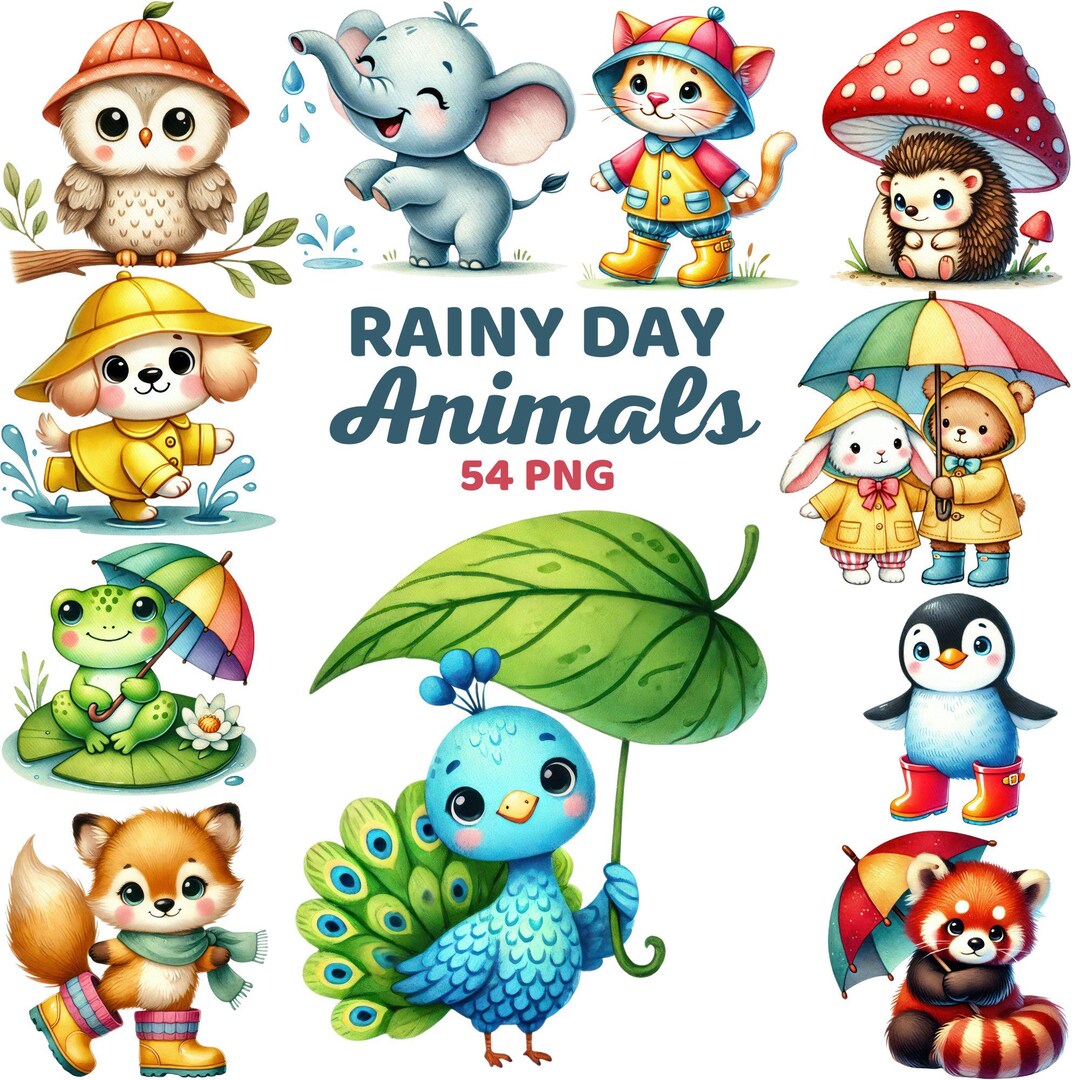 Rainy Day Animal Clipart, Watercolor Cute Spring Animals in Raincoats ...