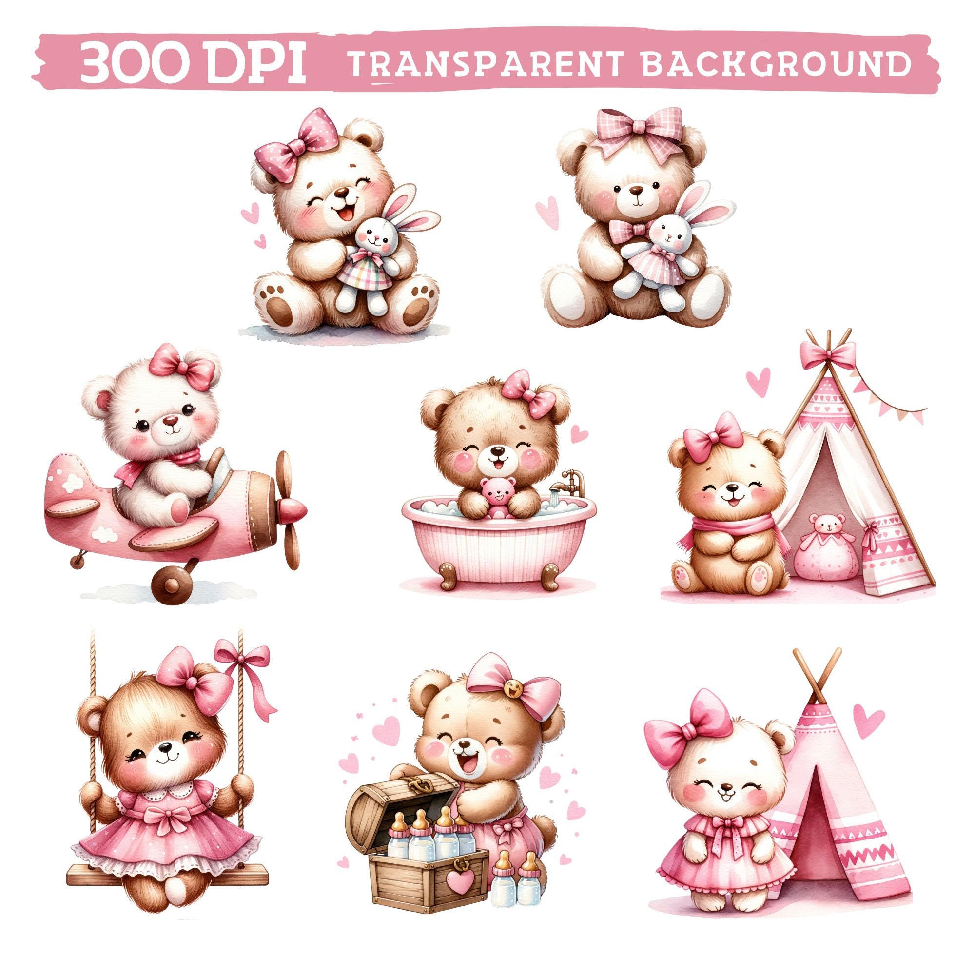 Watercolor Cute Baby Girl Bear Clipart, Sweet Bear Pink Nursery ...