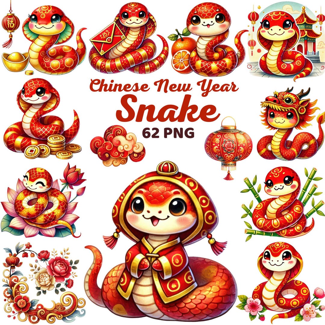 Chinese New Year Snake Clipart, Watercolor Red Gold Snake, HNY 2025 ...