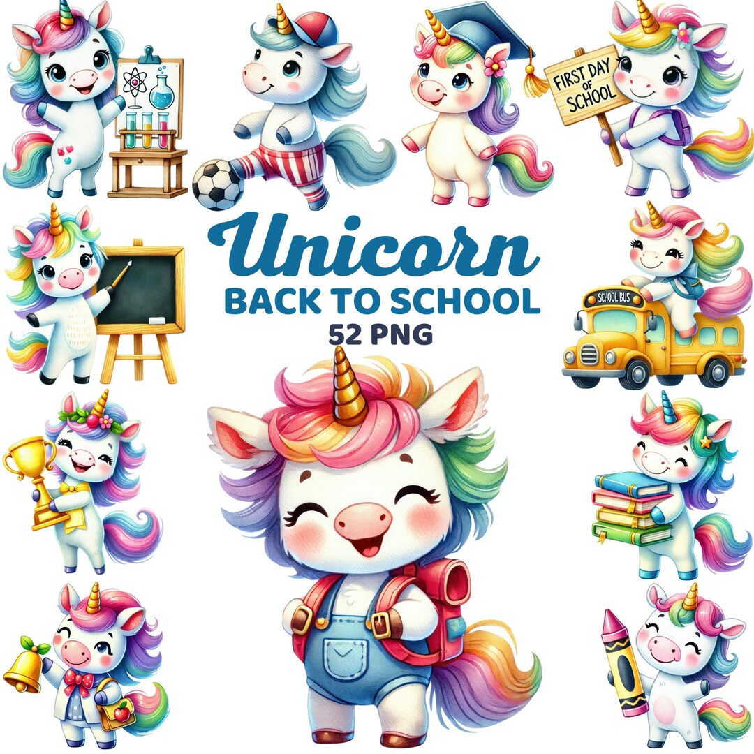 Cute Unicorn Back to School Clipart, Watercolor School Nursery ...
