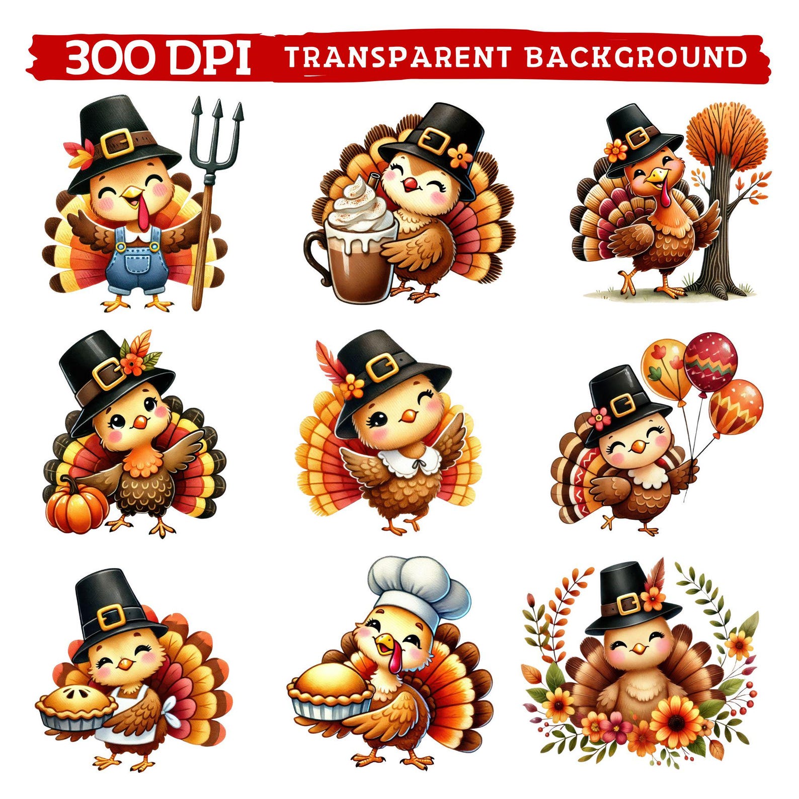 Thanksgiving Turkey Clipart, Watercolor Cute Fall Turkeys, Autumn ...
