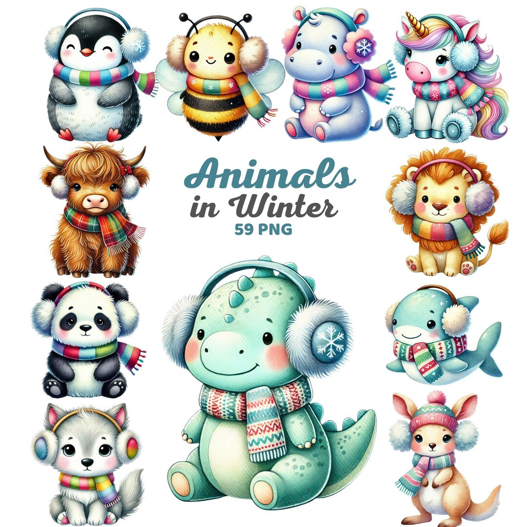 Animals in Winter Clipart, Watercolor Cute Winter Animal Baby Nursery ...