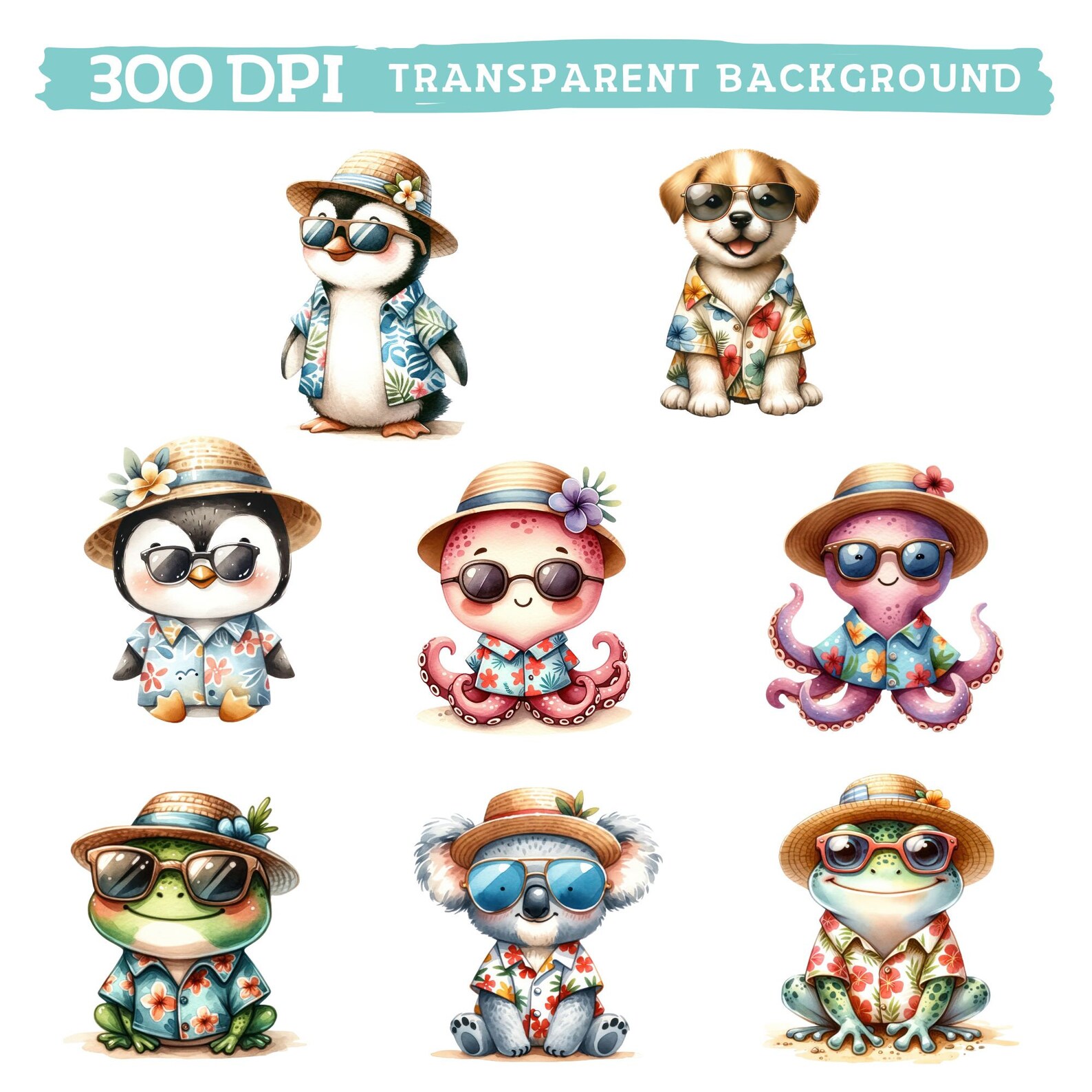 Cute Hawaiian Animals Clipart, Watercolor Beach Party, Aloha Theme ...