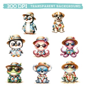 Cute Hawaiian Animals Clipart, Watercolor Beach Party, Aloha Theme ...