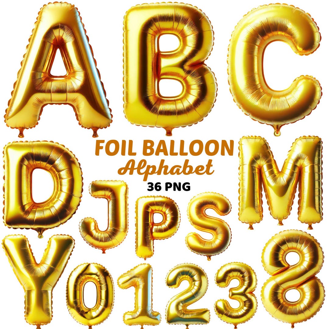 Yellow Foil Balloon Alphabet, Gold Metallic Letters & Numbers ...