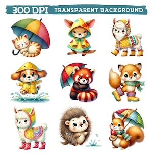 Rainy Day Animal Clipart, Watercolor Cute Spring Animals in Raincoats ...