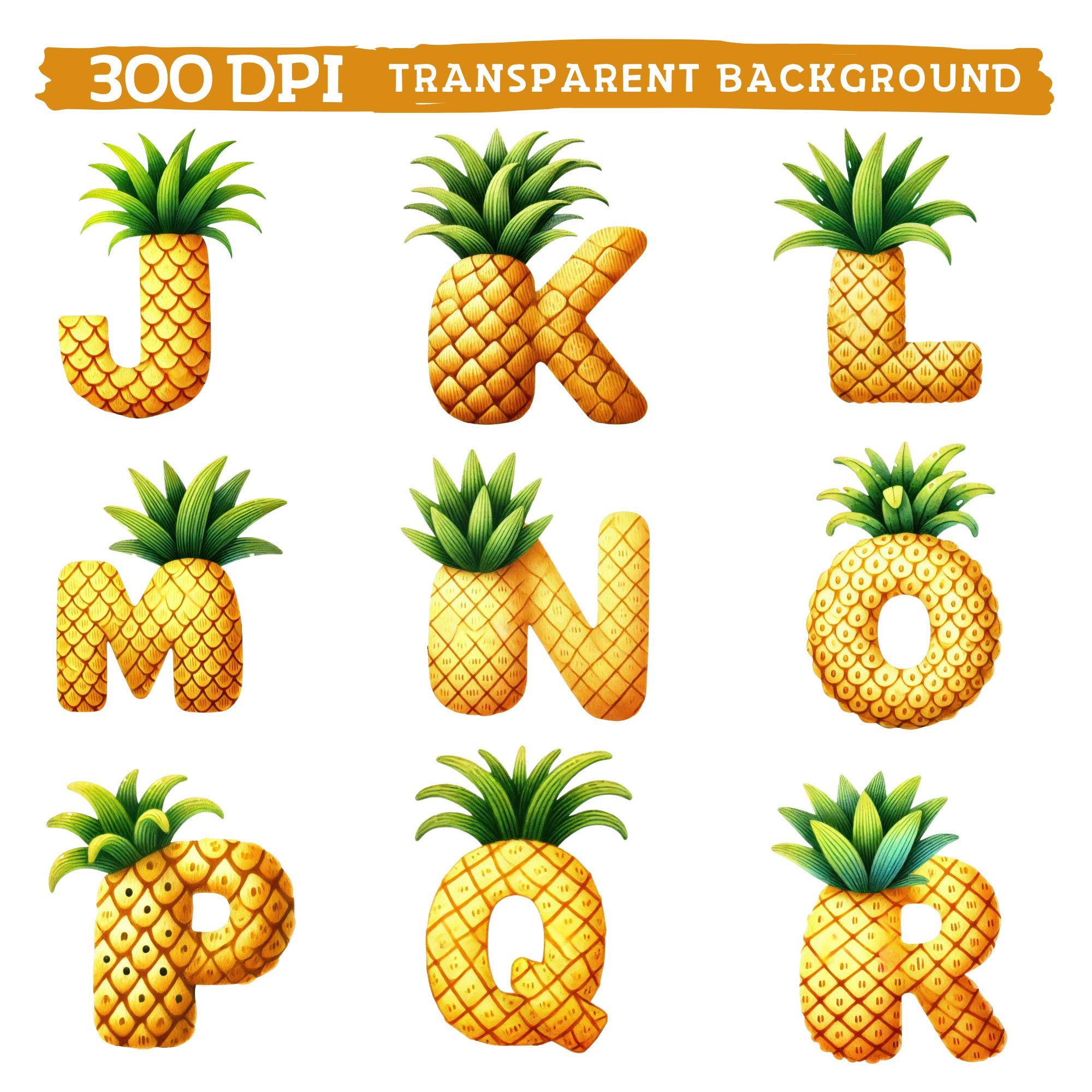 Pineapple Alphabet Clipart, Watercolor Tropical Letters and Numbers ...