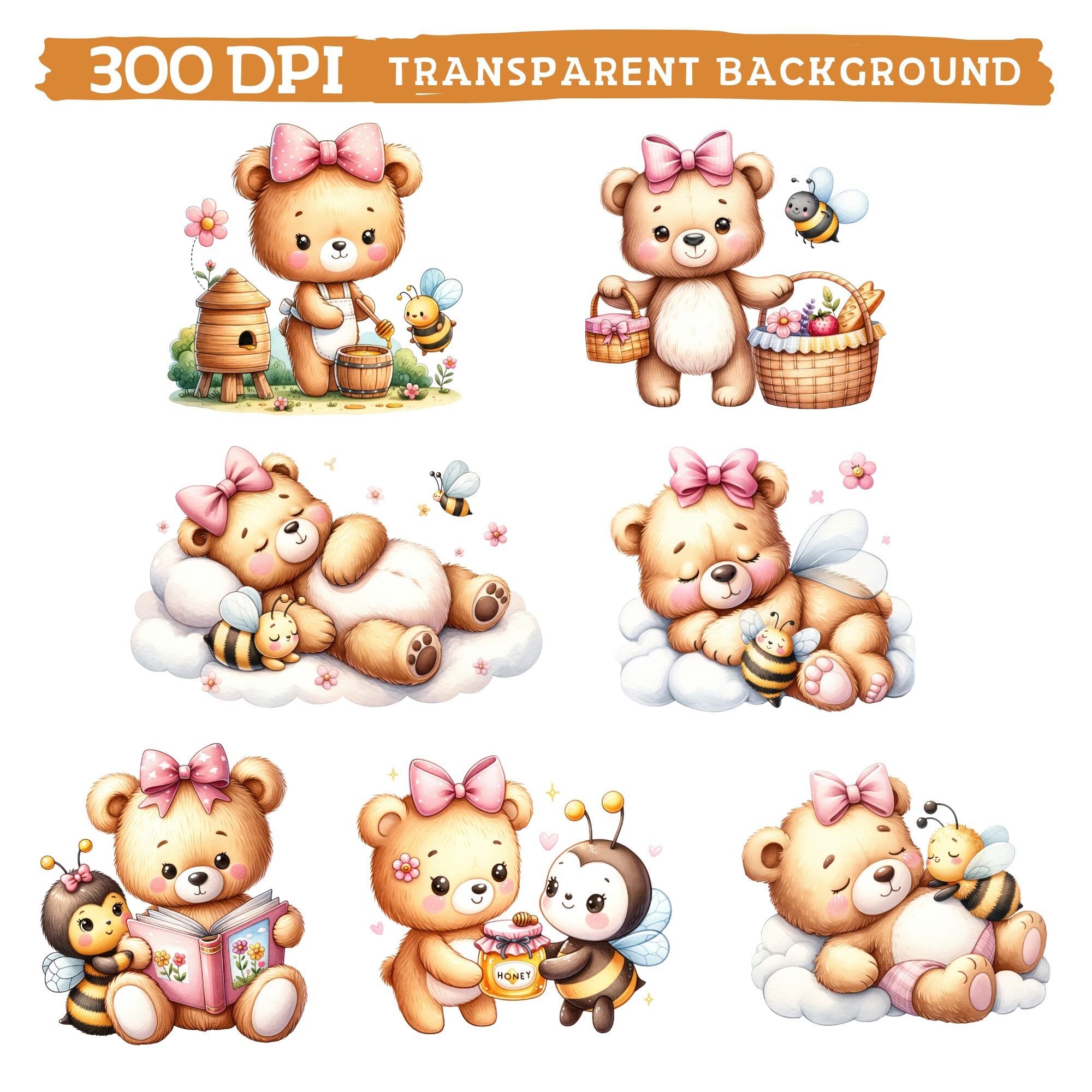 Watercolor Cute Bear and Bee Clipart, Bee Bear Spring Friend Nursery ...