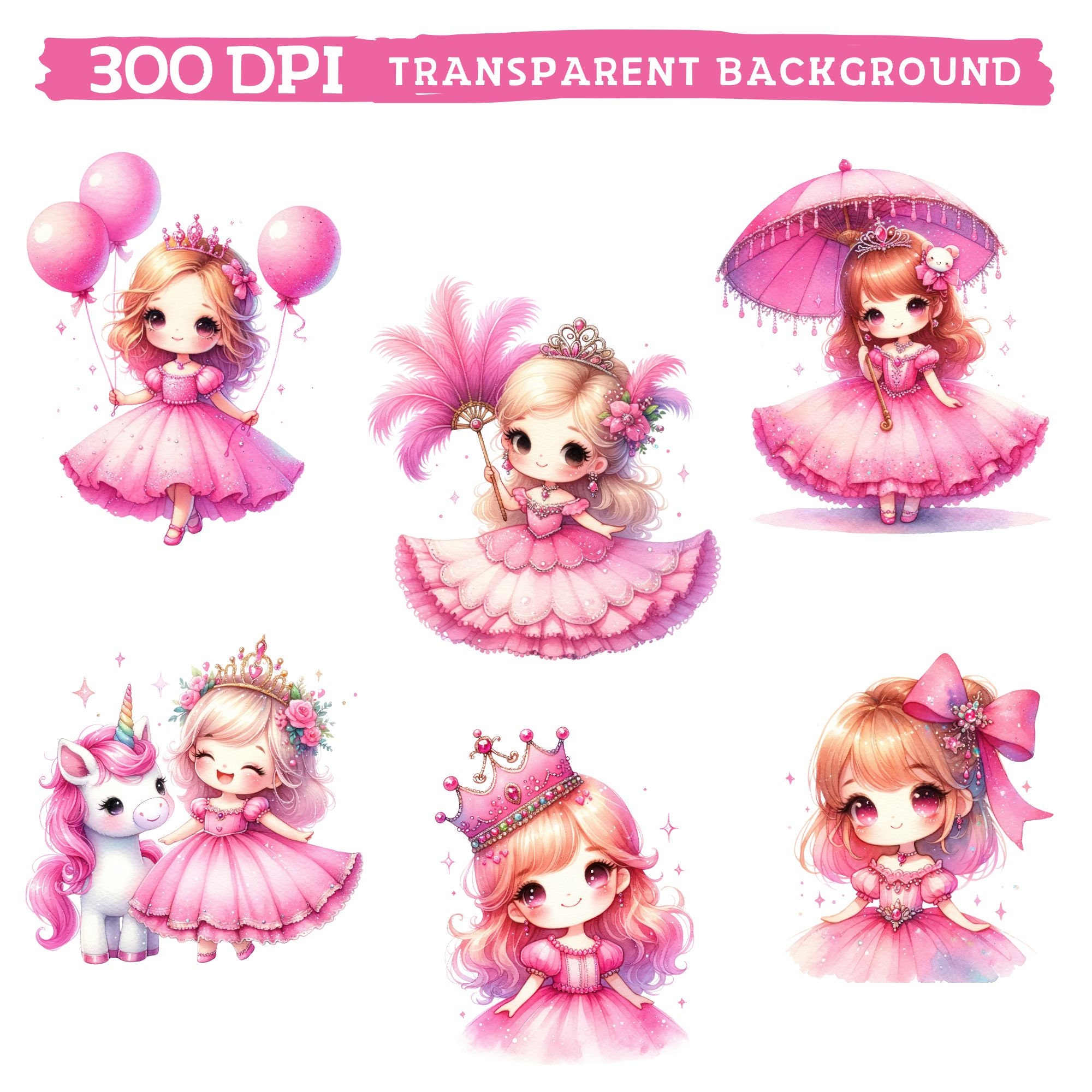 Watercolor Cute Princess Clipart, Little Princess Pink Ball Gown Party ...