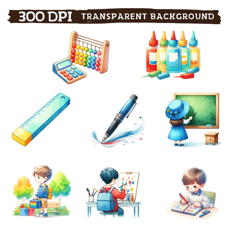 School Supplies Clipart, Watercolor Teacher Nursery, Books Globe ...