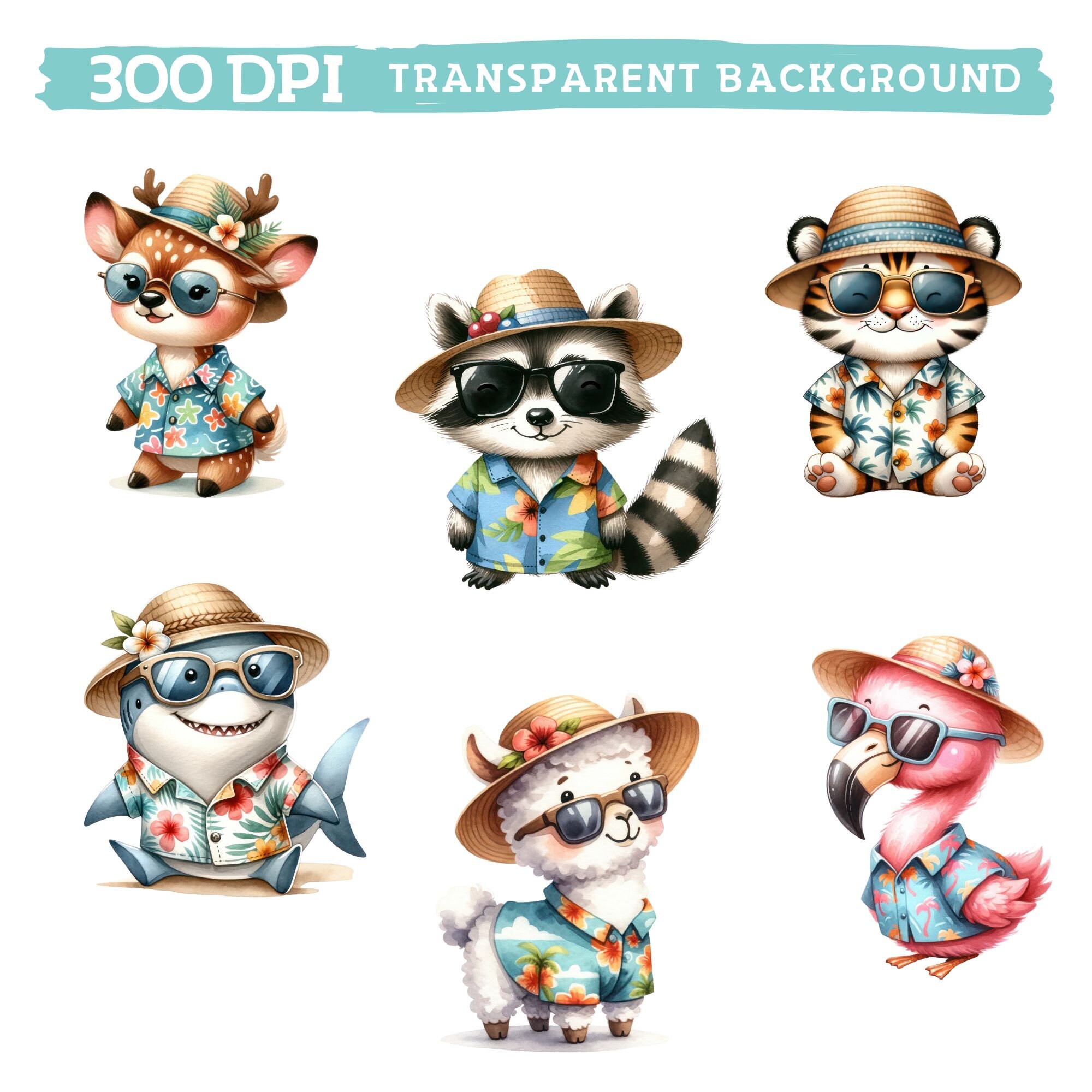Cute Hawaiian Animals Clipart, Watercolor Beach Party, Aloha Theme ...