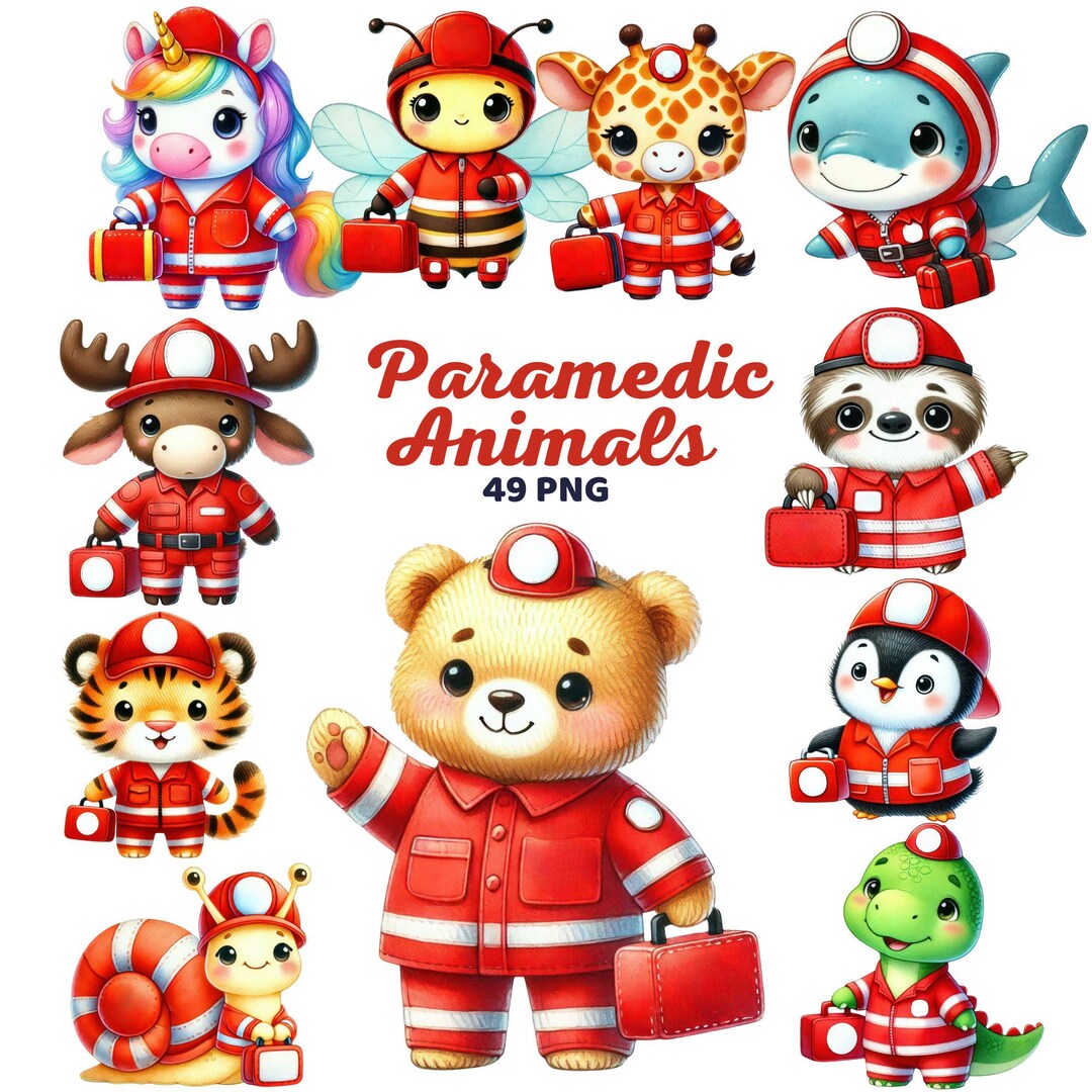 Paramedic Animal Clipart, Watercolor Cute Nurse Rescue Animals for Kids ...