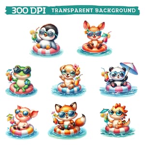 Cute Animals on Float Clipart, Watercolor Pool Nursery, Tropical Vibes ...