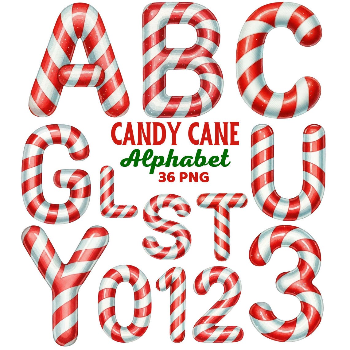 Candy Cane Alphabet Clipart, Christmas Letters & Numbers Watercolor ...