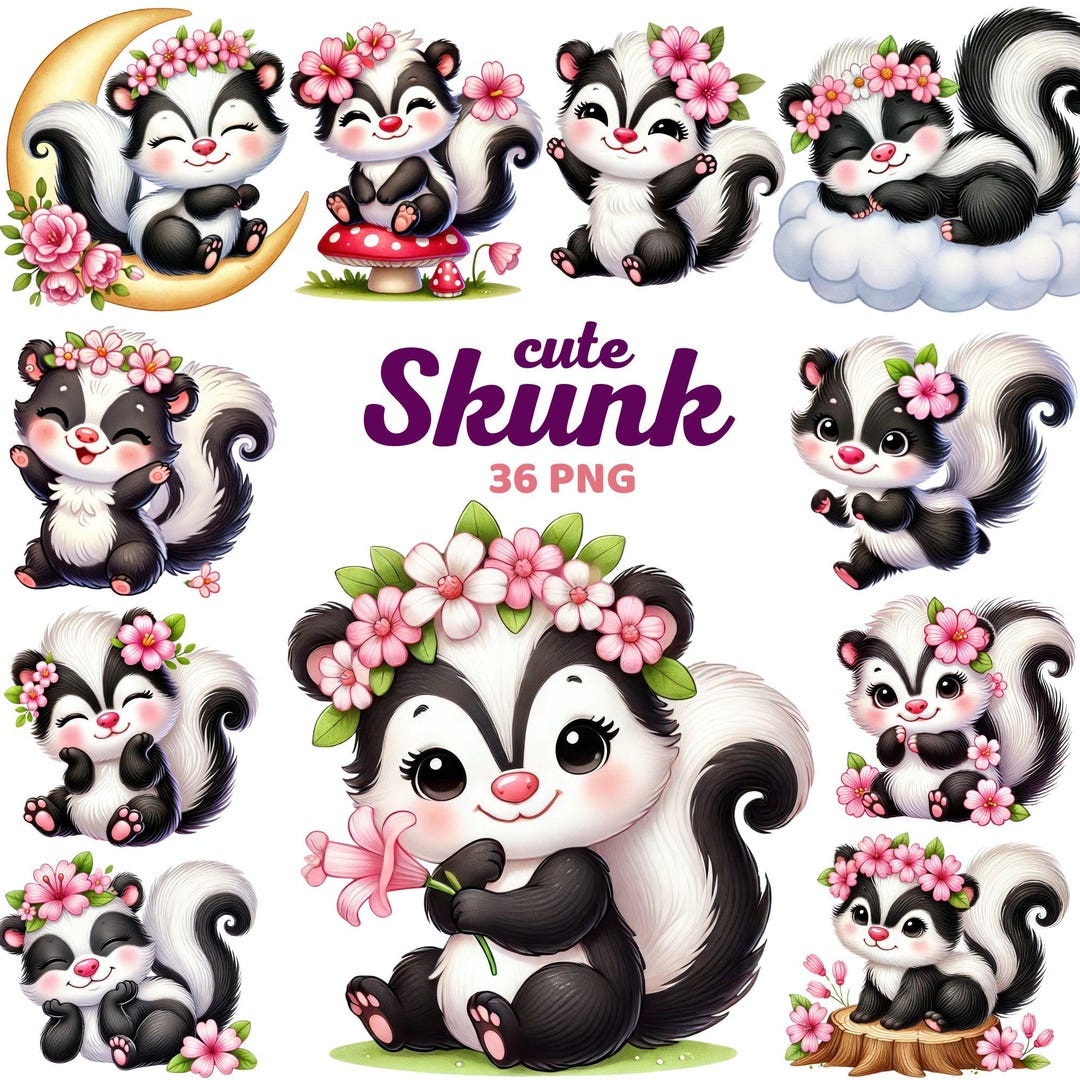 Cute Skunk Clipart, Watercolor Sweet Baby Skunks With Florals Sleep on ...