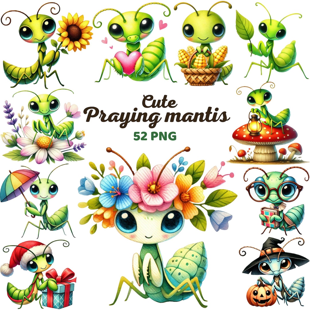 Cute Praying Mantis Clipart, Watercolor Kawaii Educational Bug Insect ...