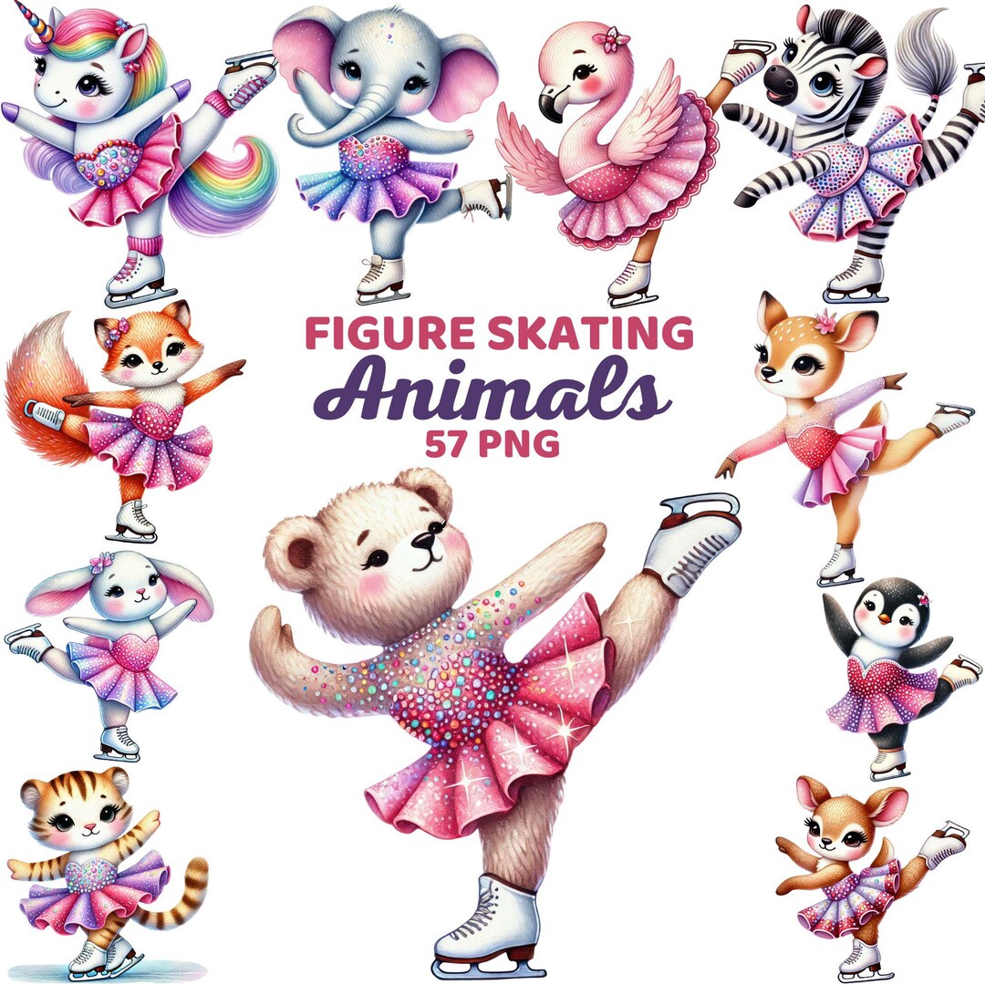 Figure Skating Animals Clipart, Watercolor Cute Ice Skating Animal, Ice ...