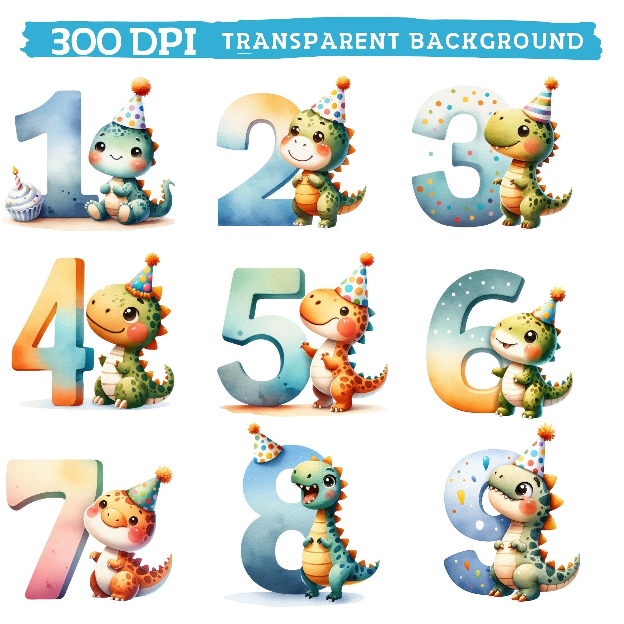 Watercolor Cute Dinosaur Birthday Number Clipart, Dinosaur Nursery Png ...