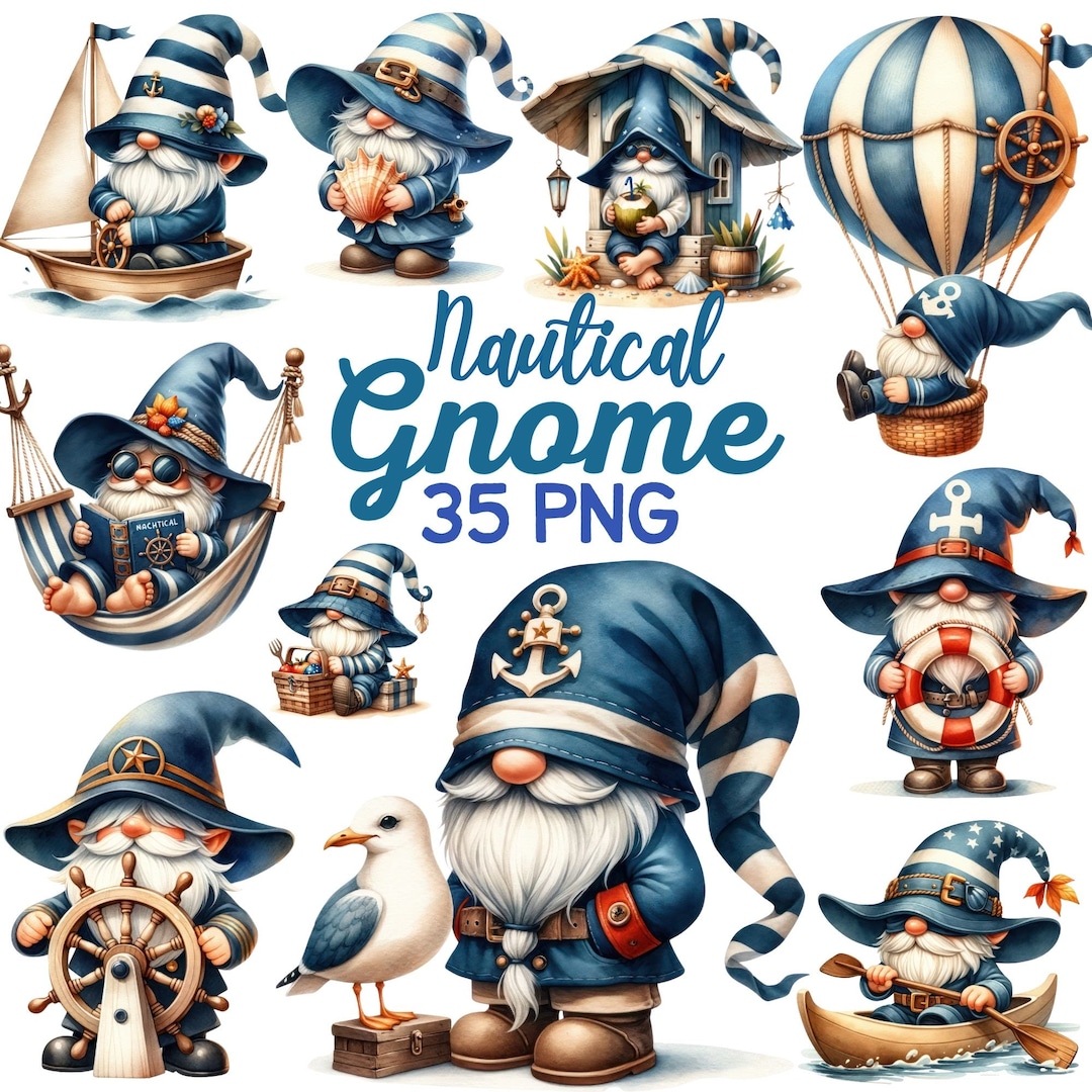 Watercolor Cute Nautical Gnome Clipart, Beach Sailor Gnome Nursery ...