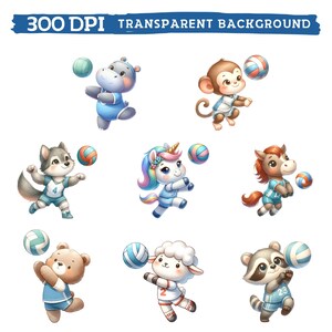 Volleyball Animals Clipart, Watercolor Cute Cartoon Sports Nursery ...