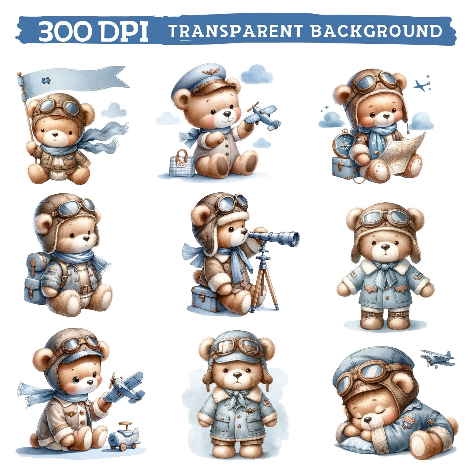 Watercolor Cute Aviator Bear Clipart, Boy Nursery Aircraft Helicopter ...