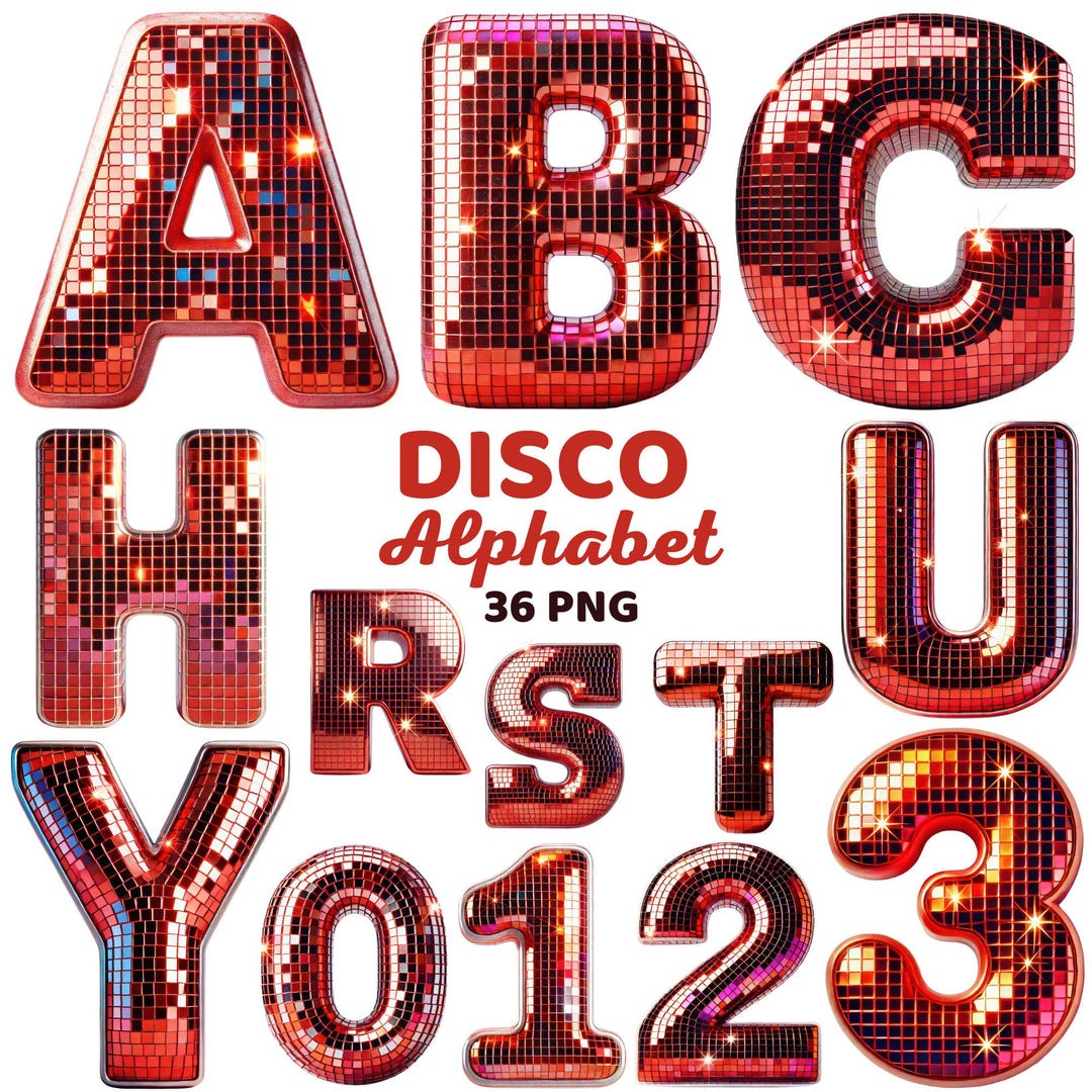 Retro Disco Alphabet Clipart, Red Shiny Mirror Ball Letters & Numbers ...