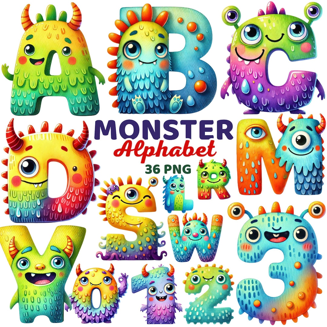 Monster Alphabet Clipart, Watercolor Cute Monster Letters & Numbers ...