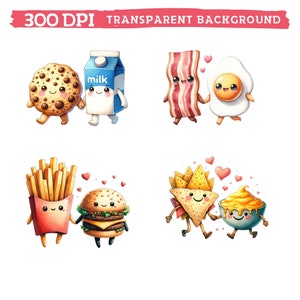 Watercolor Cute Kawaii Perfect Pair Food Valentine Clipart, Hamburger ...